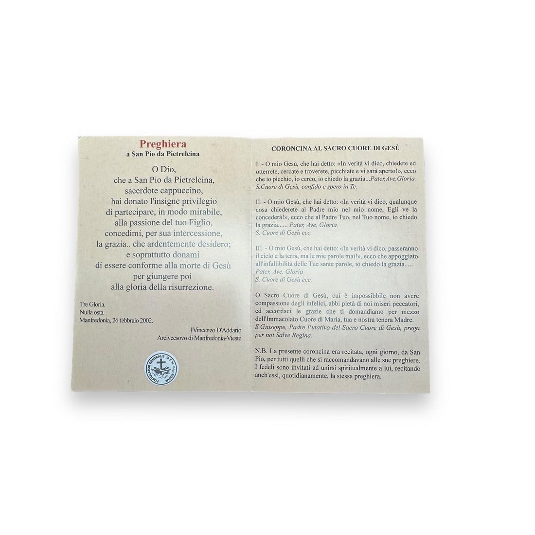 Padre Pio Holy Card - St. Pio vintage Prayer Card – Catholically